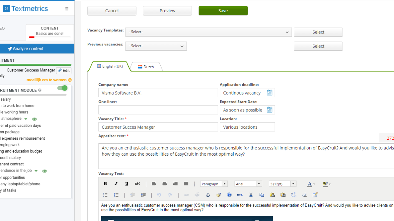 EasyCruit integration by Textmetrics: Increase Your Content Impact Today